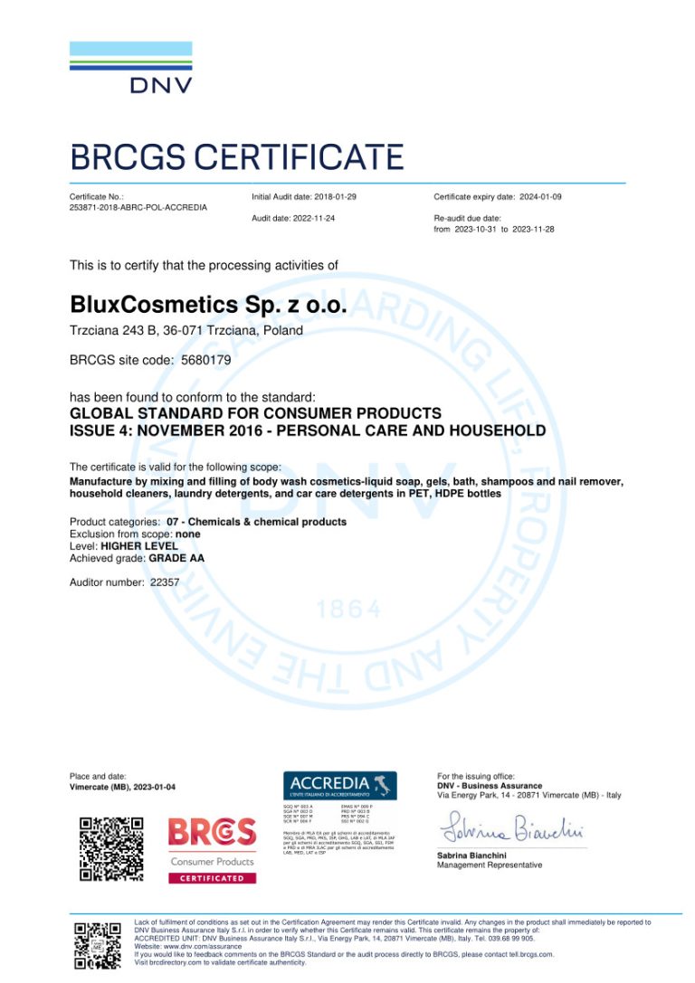 Certyfikaty / Karty charakterystyki – BLUXCOSMETICS
